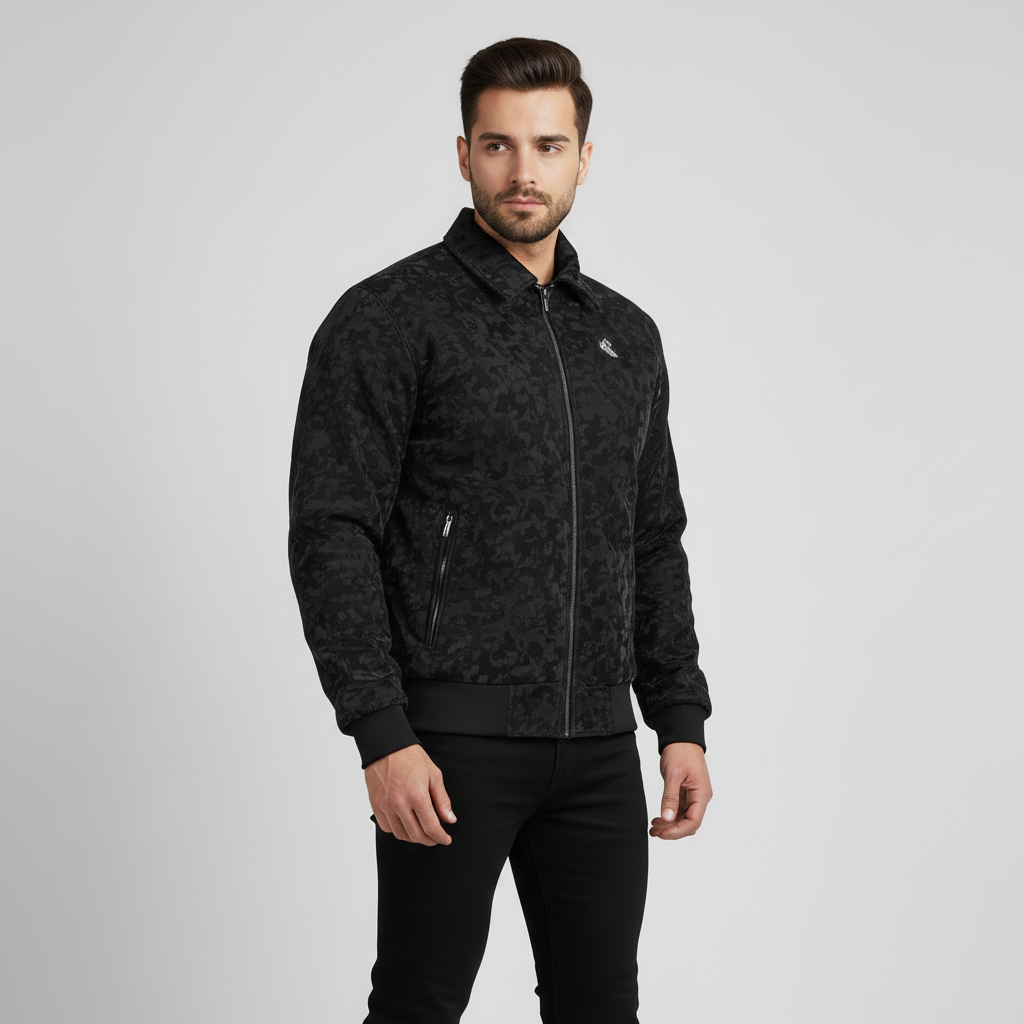 Men's Black Camo Bomber Jacket | Premium Suede Finish – Khambra Sports